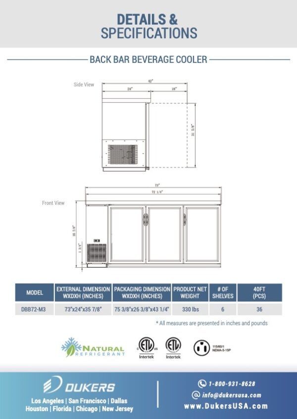 Dukers DBB72-M3 3-Solid Door Refrigerated Black Back Bar Cooler 73 ...